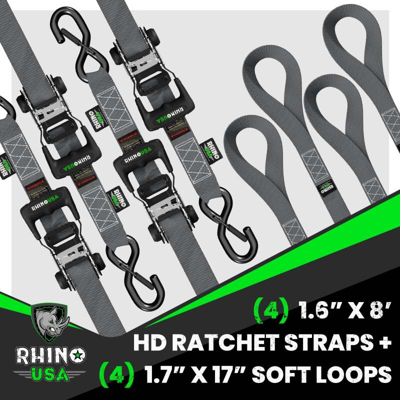 Rhino USA Heavy Duty Ratchet Tie-Down 4-Pack (Gray) 1.6In X 8Ft ...